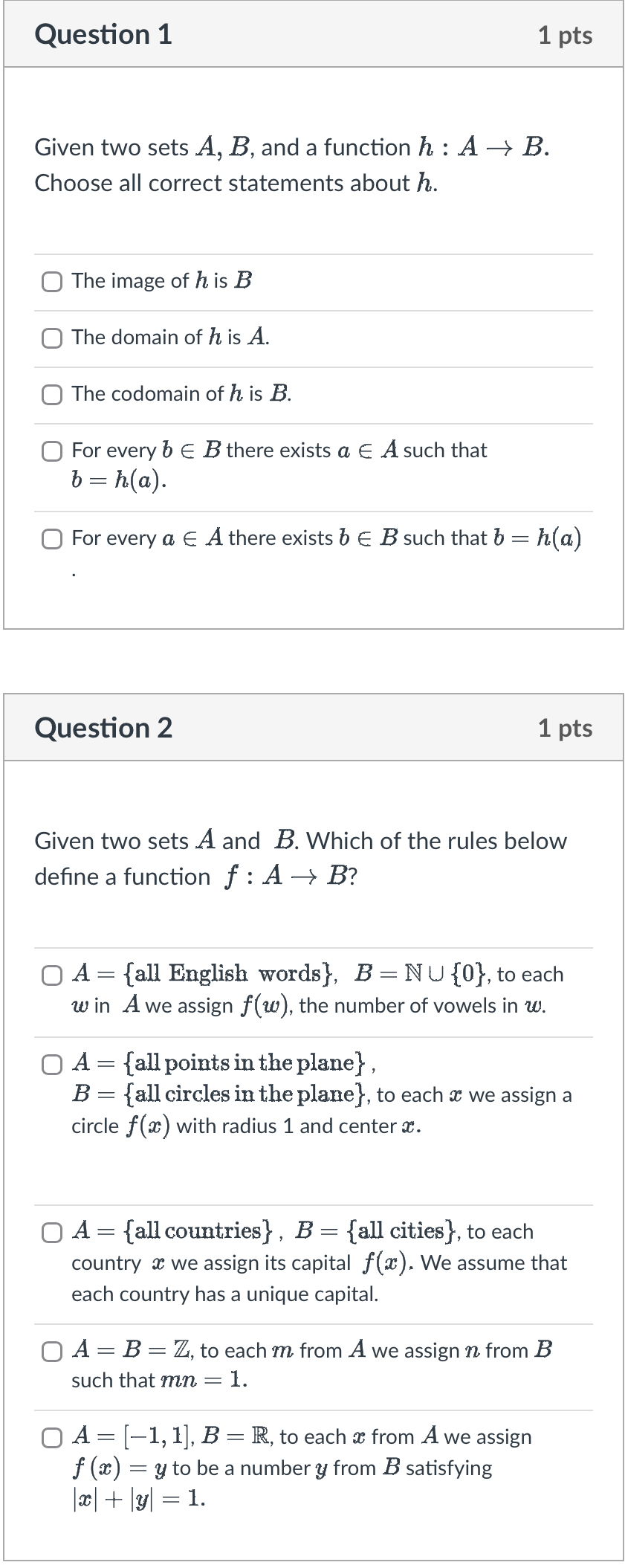Solved Question 1 1 pts Given two sets A,B, and a function | Chegg.com