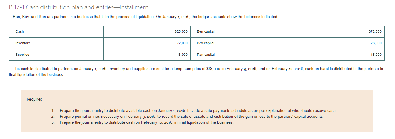 Solved P 17-1 Cash distribution plan and entries-Installment | Chegg.com