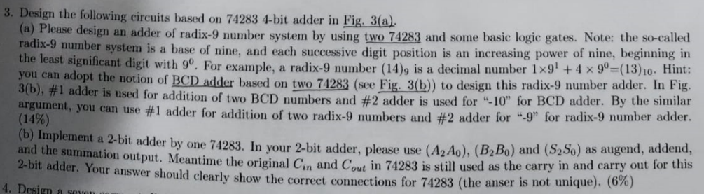 Solved 3. Design the following circuits based on 74283 4-bit | Chegg.com