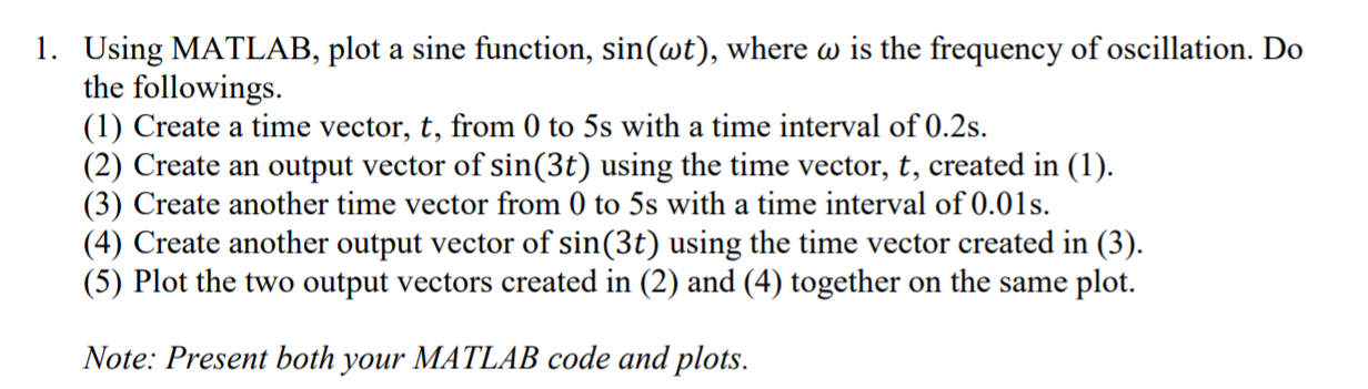 Solved 1. Using MATLAB, plot a sine function, sin(wt), where | Chegg.com