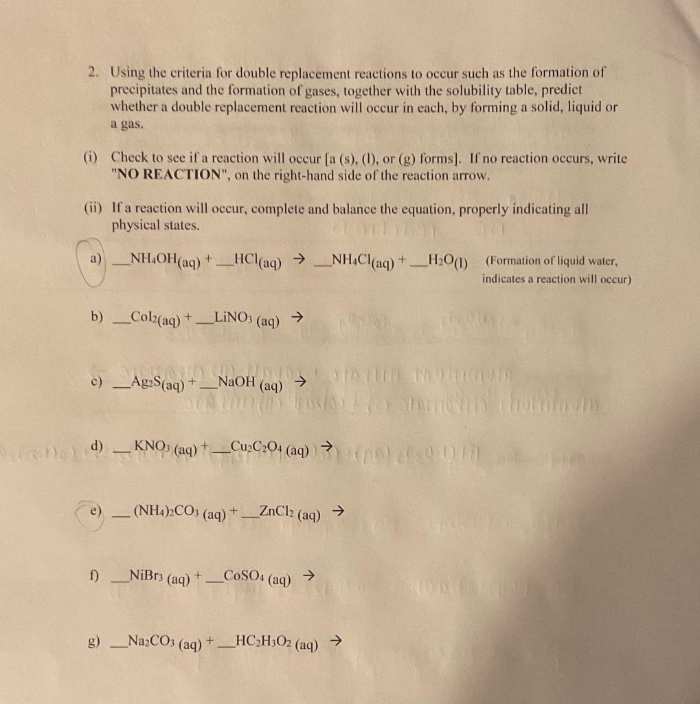 Solved 2. Using the criteria for double replacement | Chegg.com