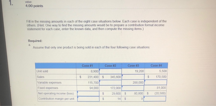 Solved value 4.00 points Fill in the missing amounts in each | Chegg.com