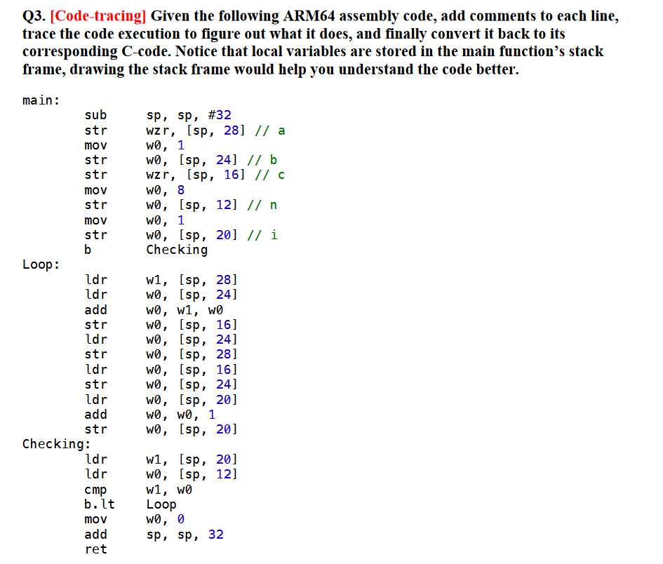 Q3. [Code-tracing] Given the following ARM64 assembly | Chegg.com