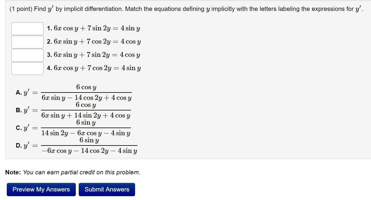 Solved 1 point) Find y′ by implicit differentiation. Match | Chegg.com