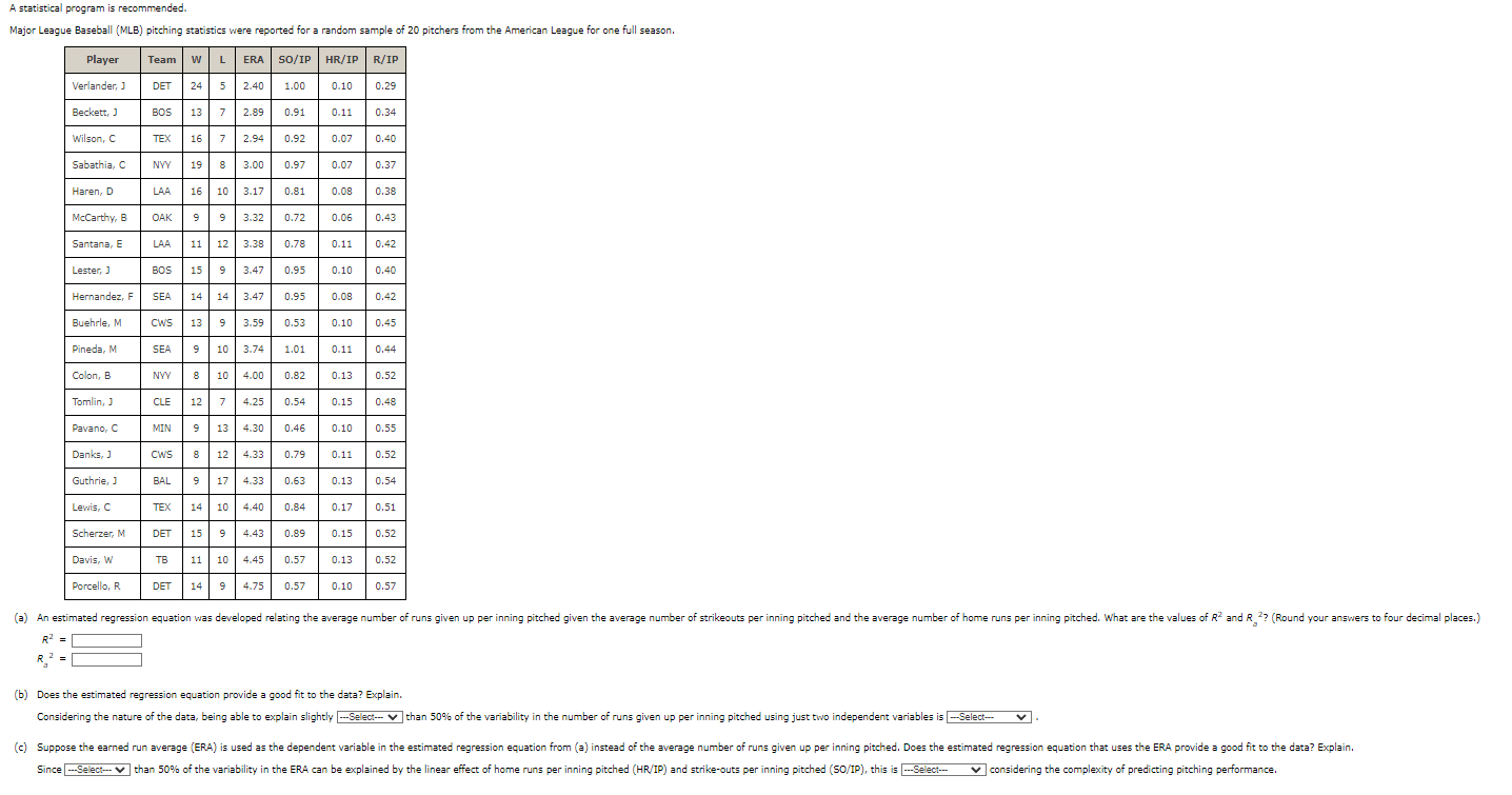 Solved A statistical program is recommended.Major League | Chegg.com