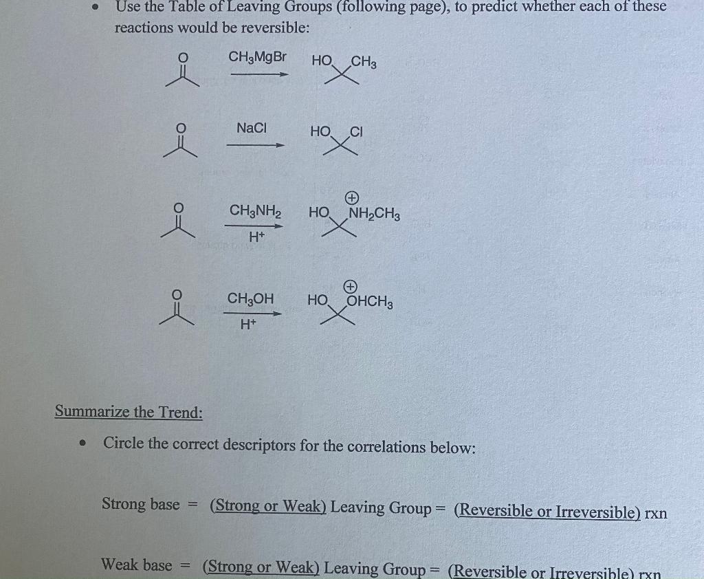 Solved Use the Table of Leaving Groups (following page), to | Chegg.com