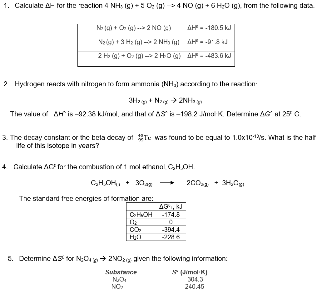 Solved 1. Calculate AH for the reaction 4 NH3 (g) + 5 O2 (g) | Chegg.com