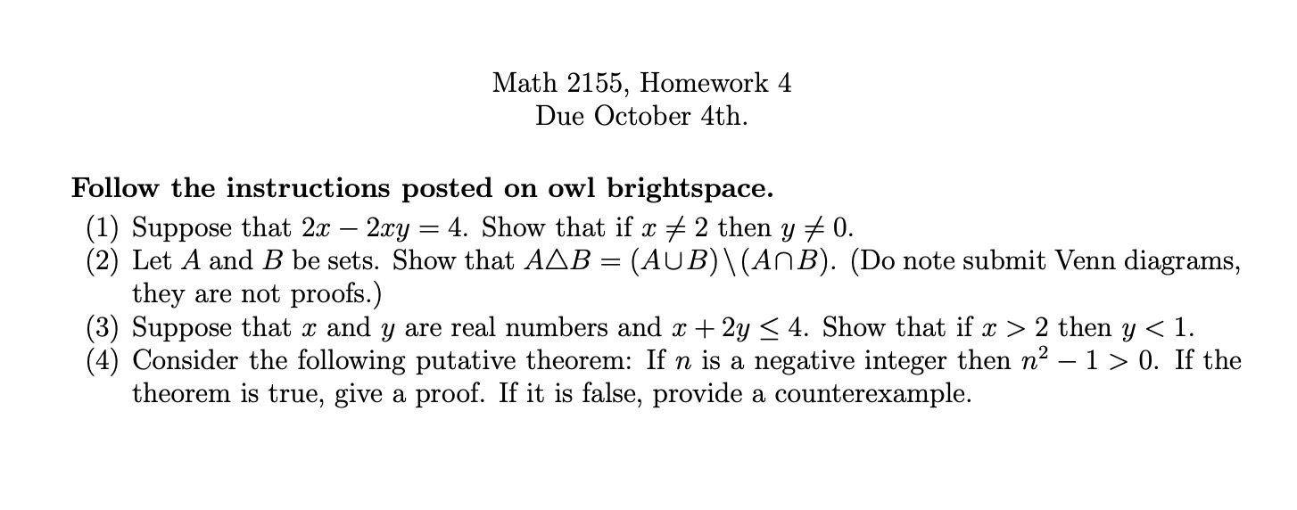 Solved Math 2155, ﻿Homework 4Due October 4th.Follow the | Chegg.com