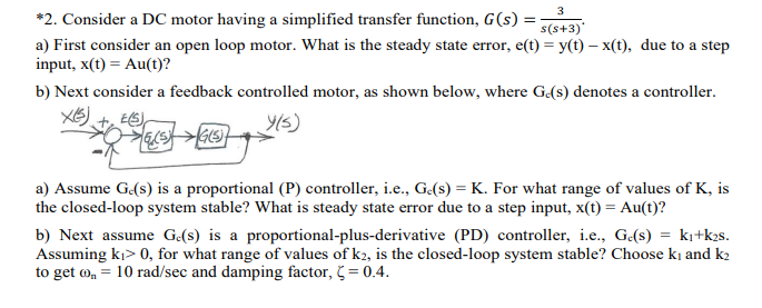 Solved *2. Consider a DC motor having a simplified transfer | Chegg.com