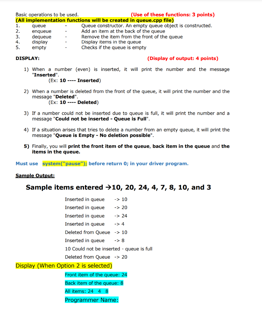 Solved Assignment - Circular Queue You will create a program | Chegg.com
