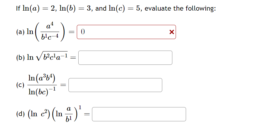 Solved If ln(a)=2,ln(b)=3, ﻿and ln(c)=5, ﻿evaluate the | Chegg.com