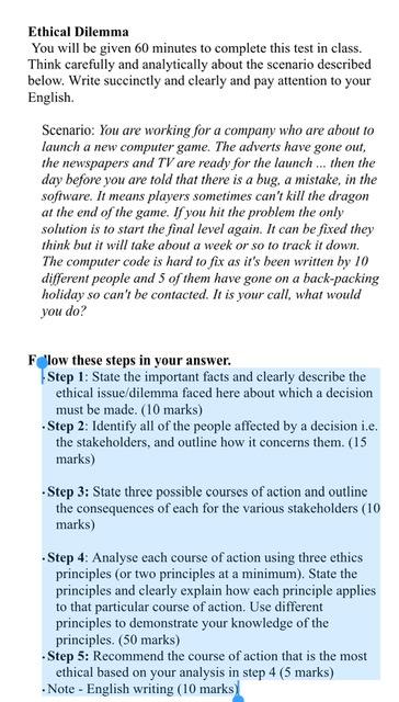 Solved Ethical Dilemma You will be given 60 minutes to | Chegg.com