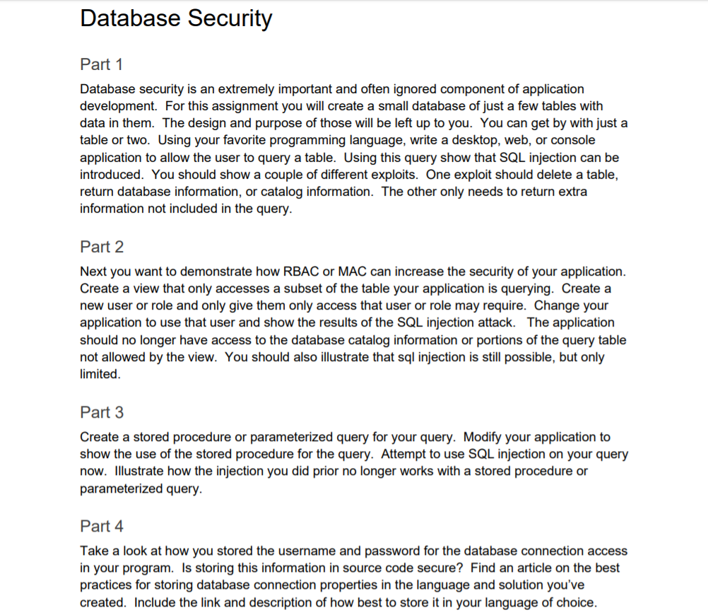 Database Security Part 1 Database security is an | Chegg.com