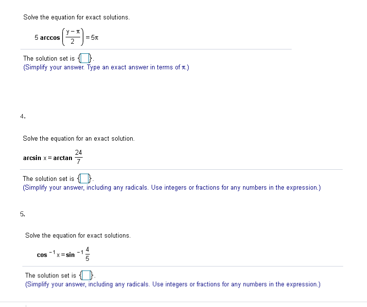 Solved Solve the equation for exact solutions. Y-T 5 arccos | Chegg.com