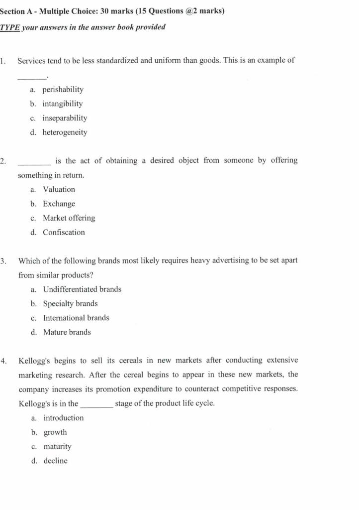 Solved Section A - Multiple Choice: 30 marks (15 Questions @ | Chegg.com