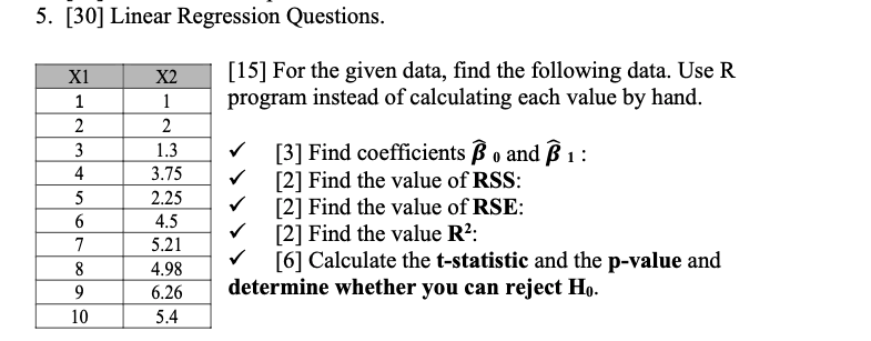 Solved 5. [30] Linear Regression Questions. [15] For the | Chegg.com