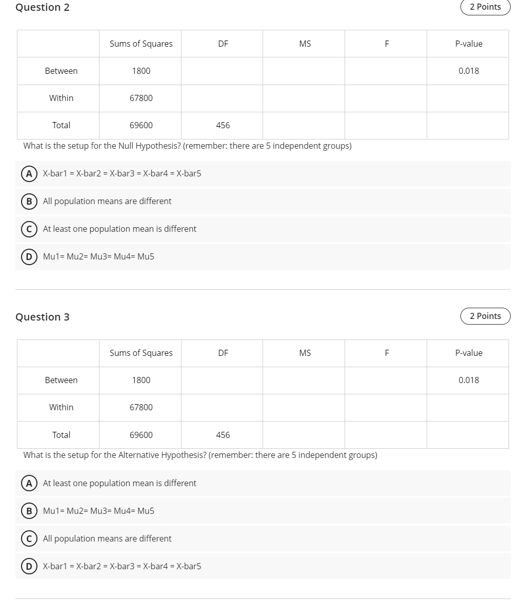 Question 2What is the setup for the Null Hypothesis? | Chegg.com