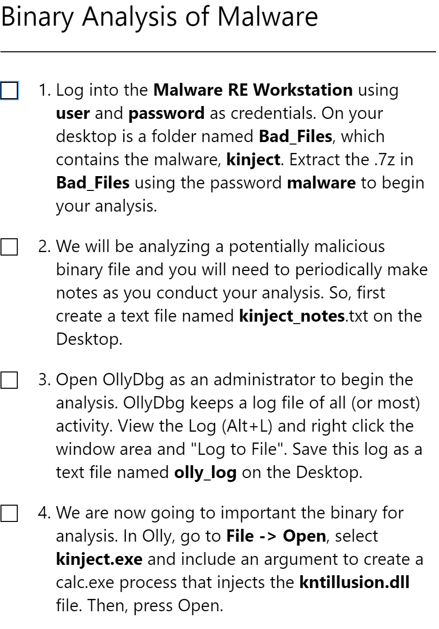 Binary Analysis of Malware 1. Log into the Malware RE | Chegg.com