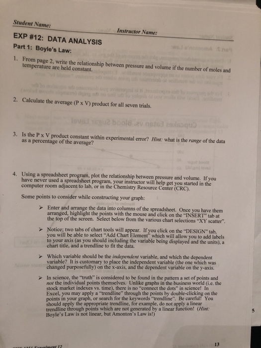 Student Name: EXP #12: DATA ANALYSIS Part 1: Boyle's | Chegg.com