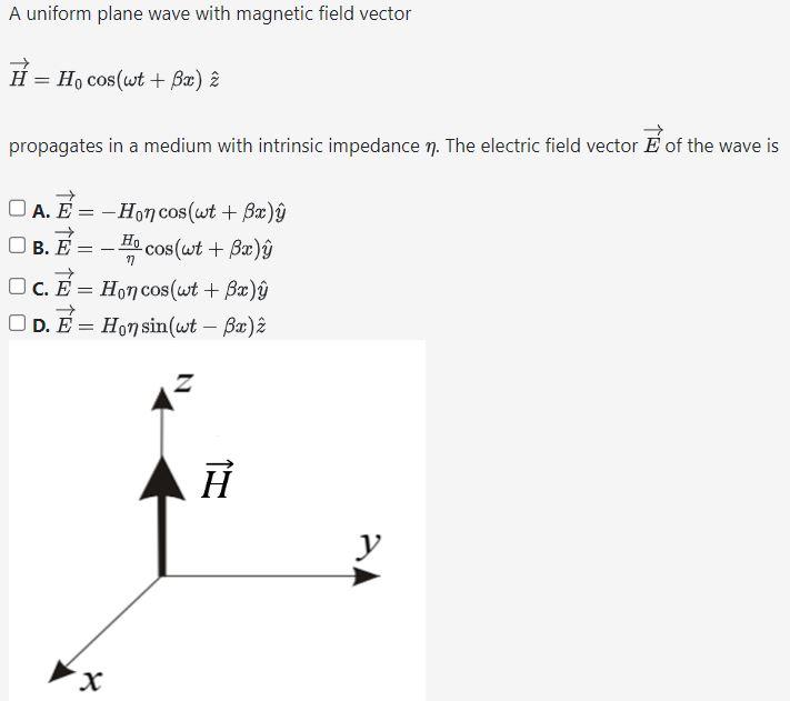 Solved A uniform plane wave with magnetic field vector | Chegg.com