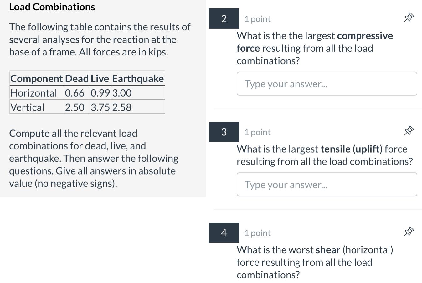 Solved Load Combinations 2 The following table contains the | Chegg.com