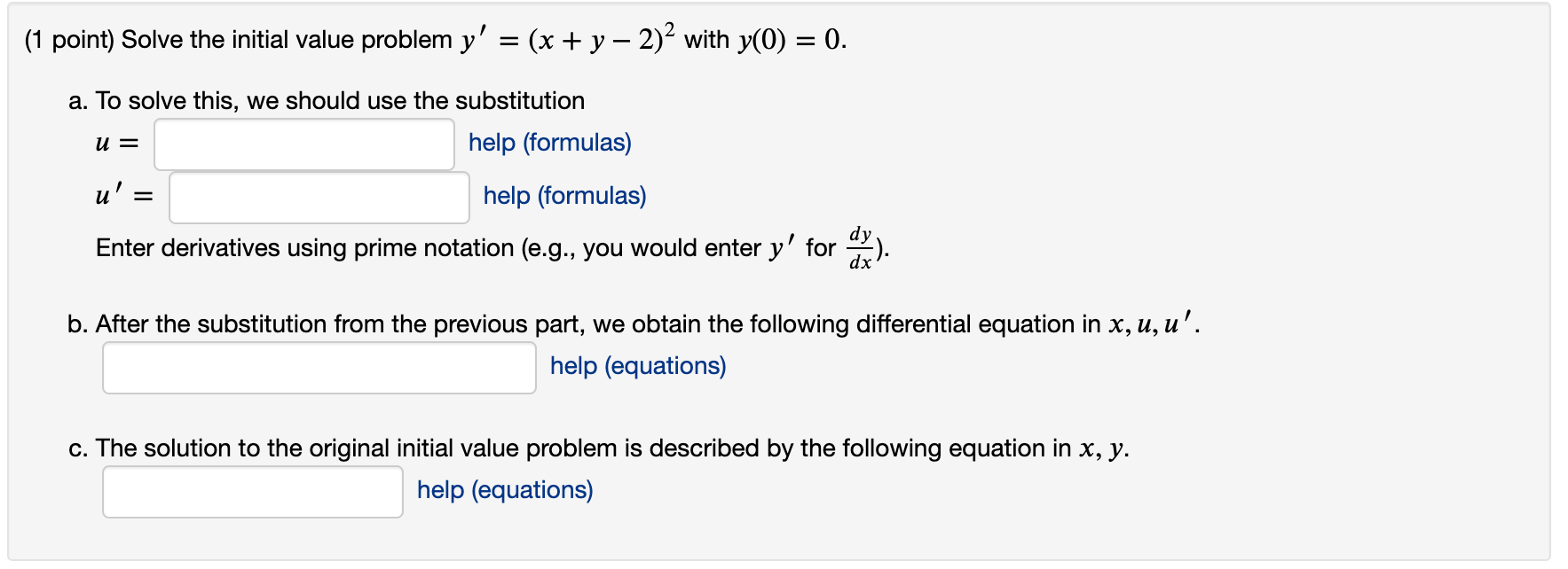 Solved (1 point) Solve the initial value problem y′=(x+y−2)2 | Chegg.com