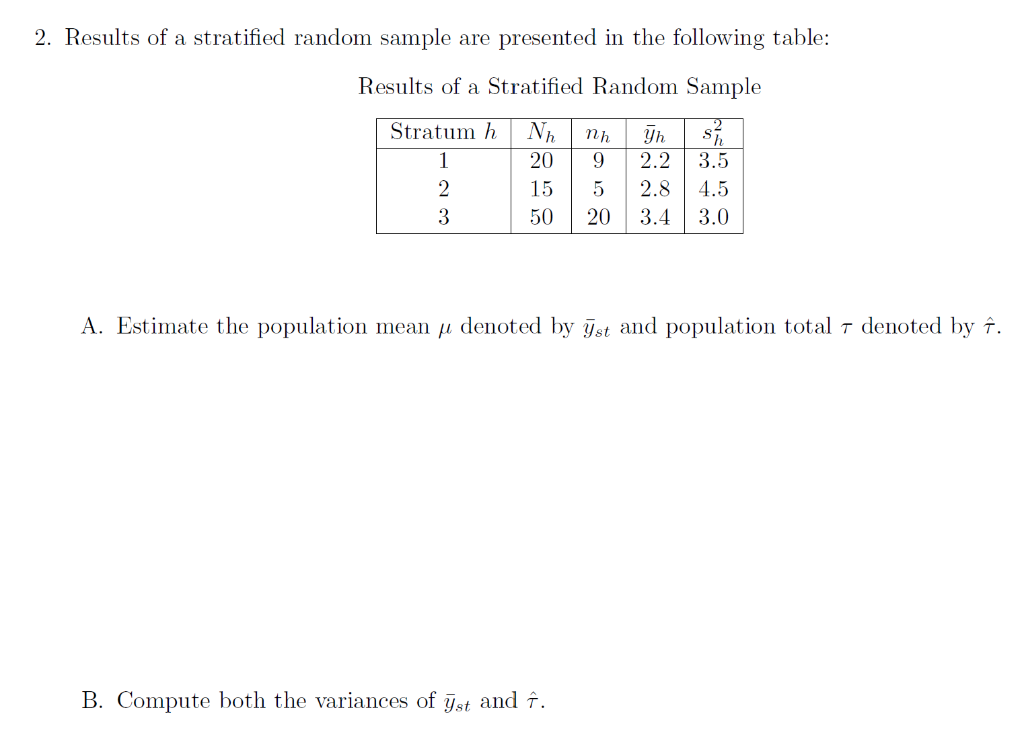 Solved 2. Results of a stratified random sample are | Chegg.com
