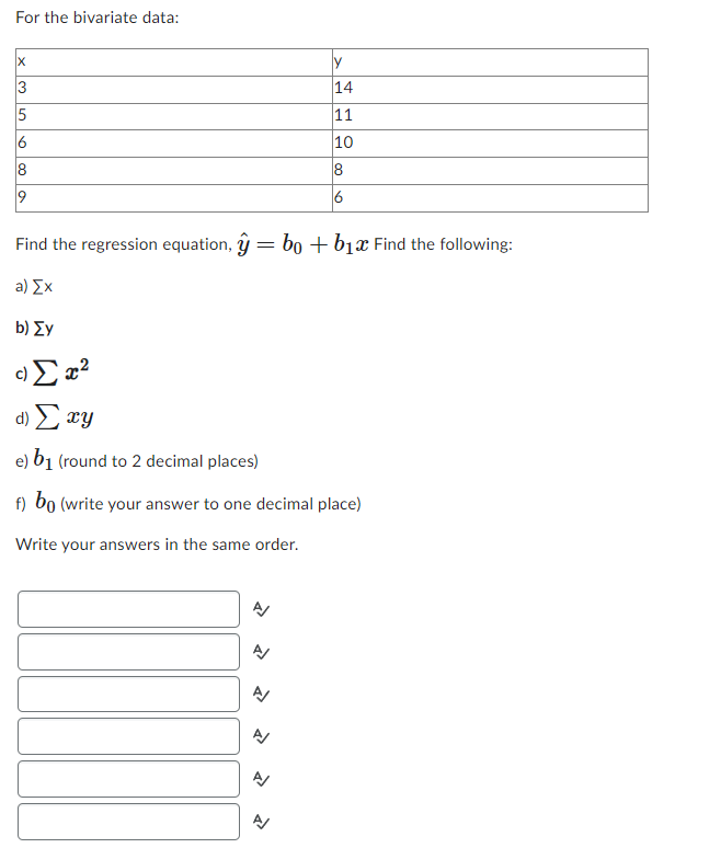 Solved For the bivariate data: Find the regression equation, | Chegg.com