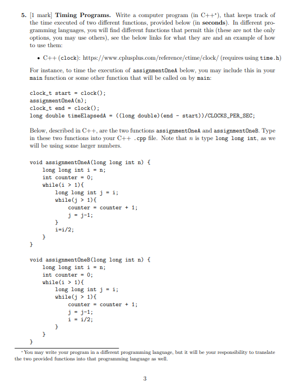 Solved 5. [1 mark] Timing Programs. Write a computer program | Chegg.com