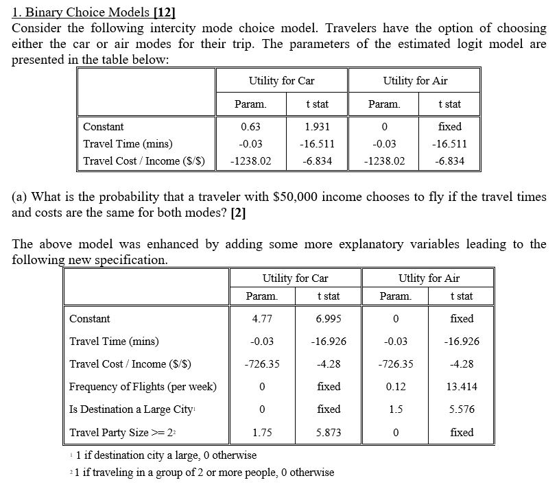 1. Binary Choice Models (12) Consider the following | Chegg.com