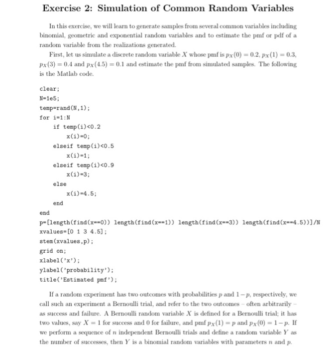 Exercise 2: Simulation of Common Random Variables In | Chegg.com