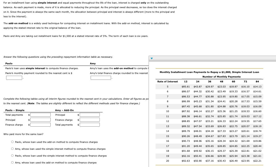 For an installment loan using simple interest and | Chegg.com