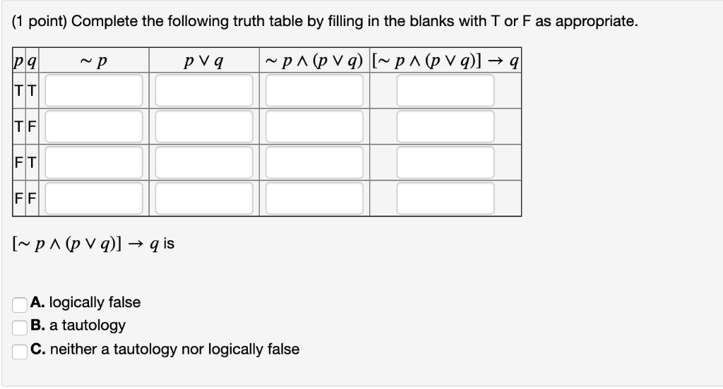 Solved (1 point) Complete the following truth table by | Chegg.com