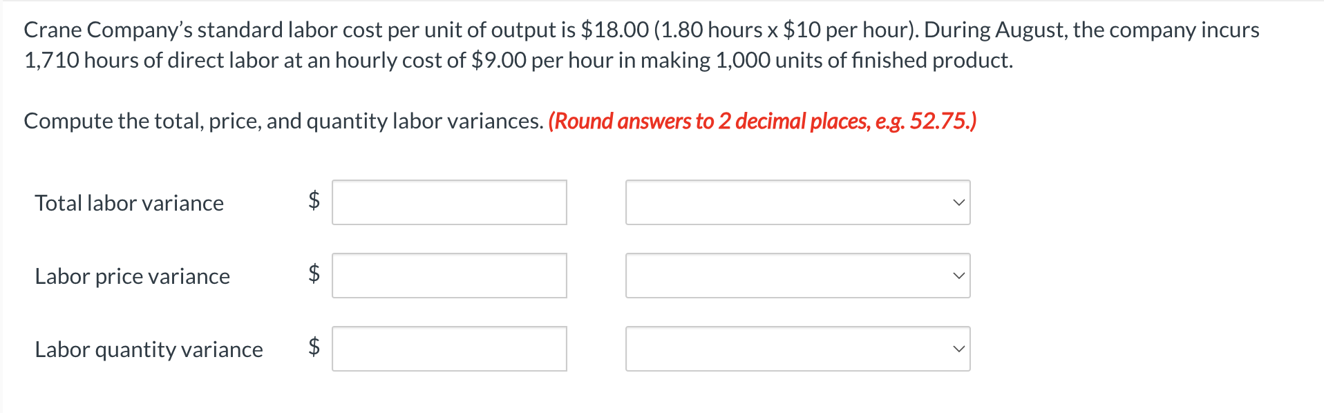 Solved Crane Company's standard labor cost per unit of | Chegg.com
