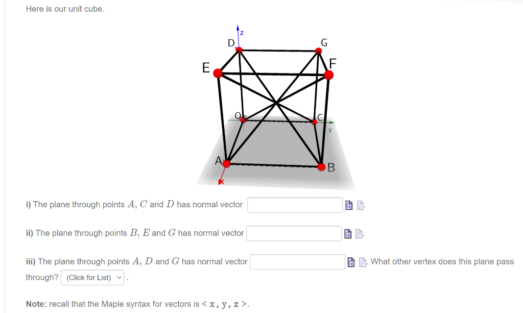 Solved Here is our unit cube. D E A B i) The plane through | Chegg.com