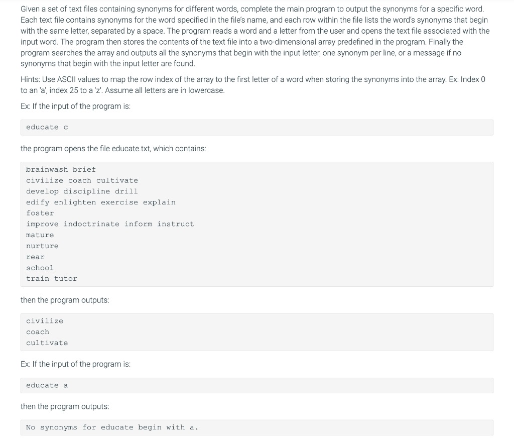 Solved Given a set of text files containing synonyms for | Chegg.com