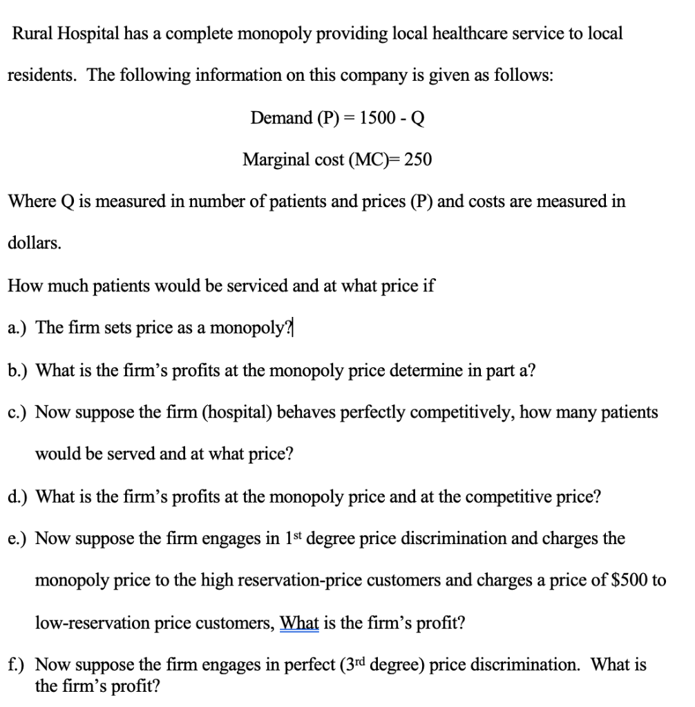 Solved Rural Hospital has a complete monopoly providing | Chegg.com