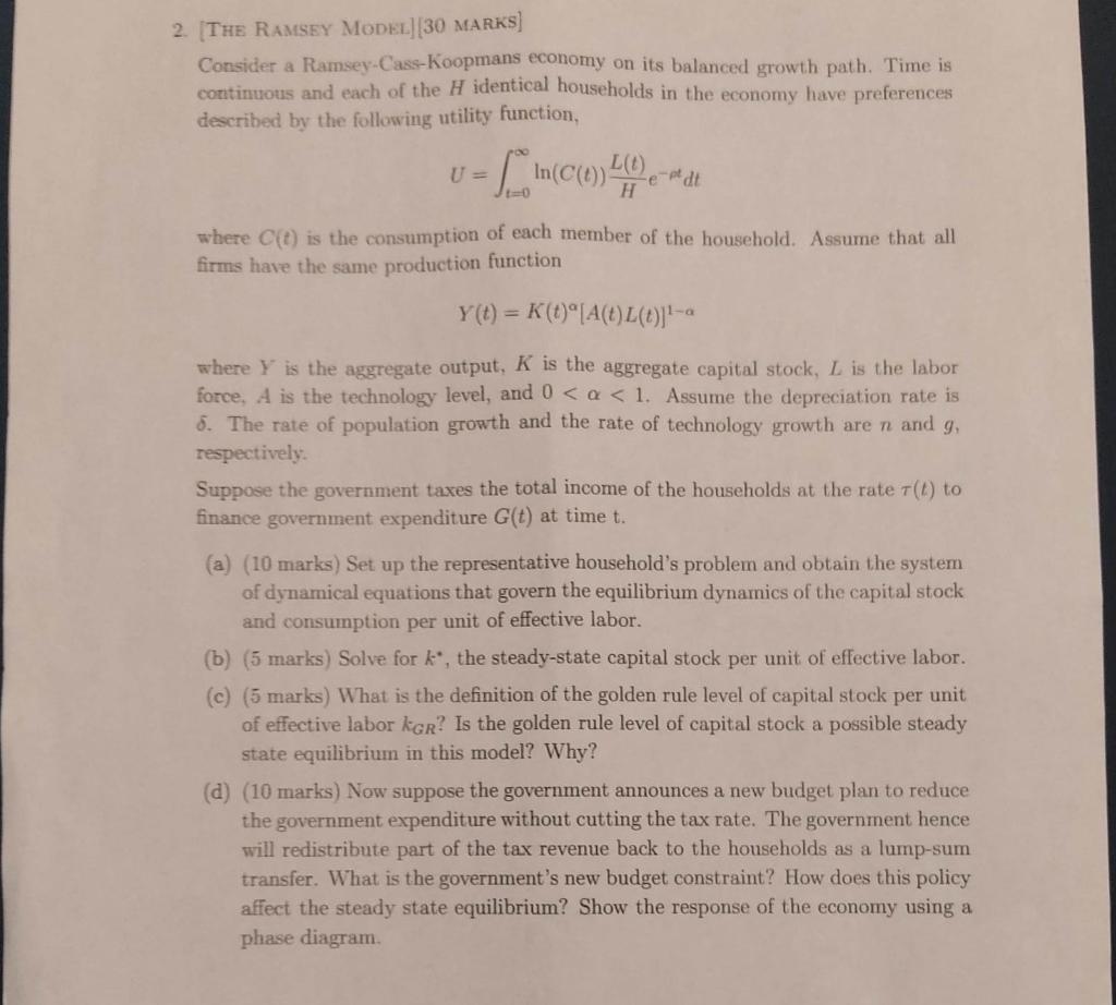 2. THE RAMSEY MODEL) (30 MARKS] Consider a | Chegg.com