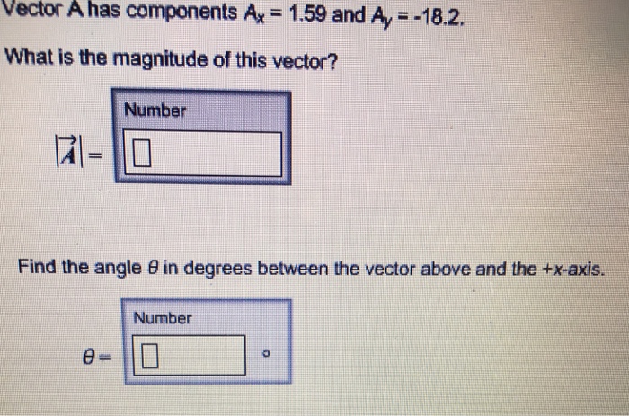 Solved Vector A has components Ax=1.59 and Ay=-18.2. What is | Chegg.com