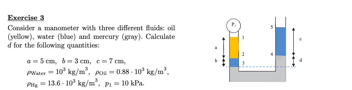 Solved Exercise 3 Consider a manometer with three different | Chegg.com
