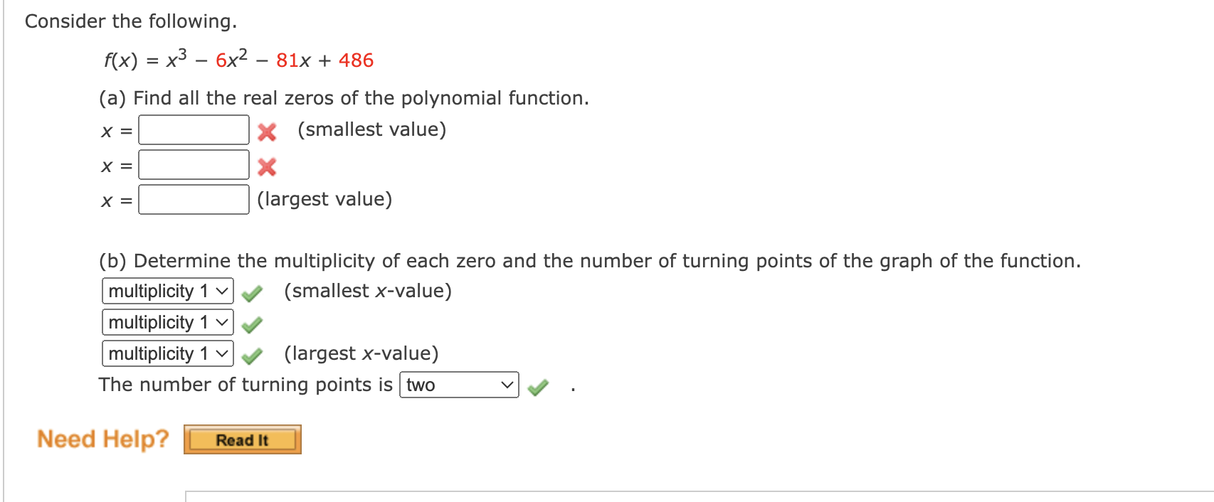Solved Consider the following. f(x)=x3−6x2−81x+486 (a) Find | Chegg.com