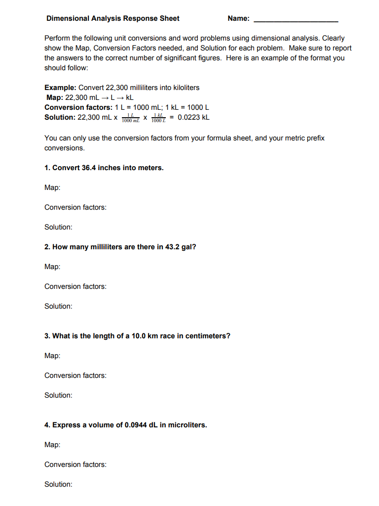 Solved Dimensional Analysis Response Sheet Name: Perform the | Chegg.com