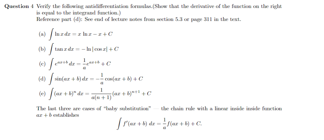Solved Question 4 Verify the following antidifferentiation | Chegg.com