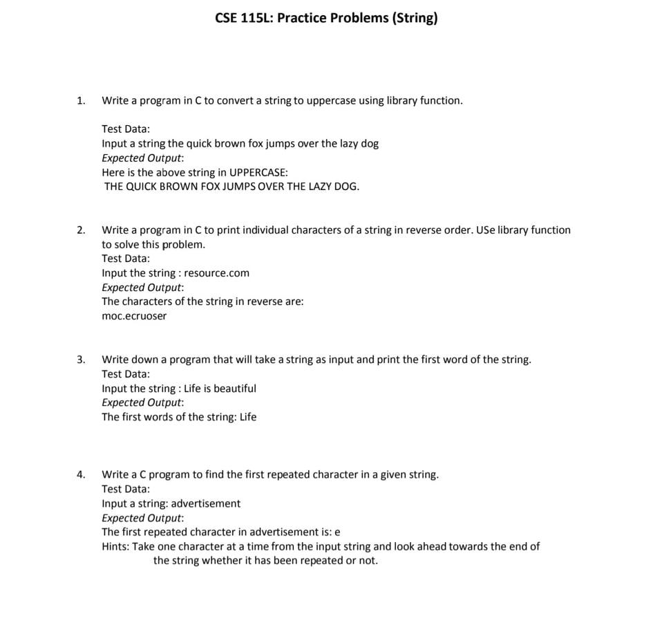 Solved CSE 115L: Practice Problems (String) 1. Write a | Chegg.com