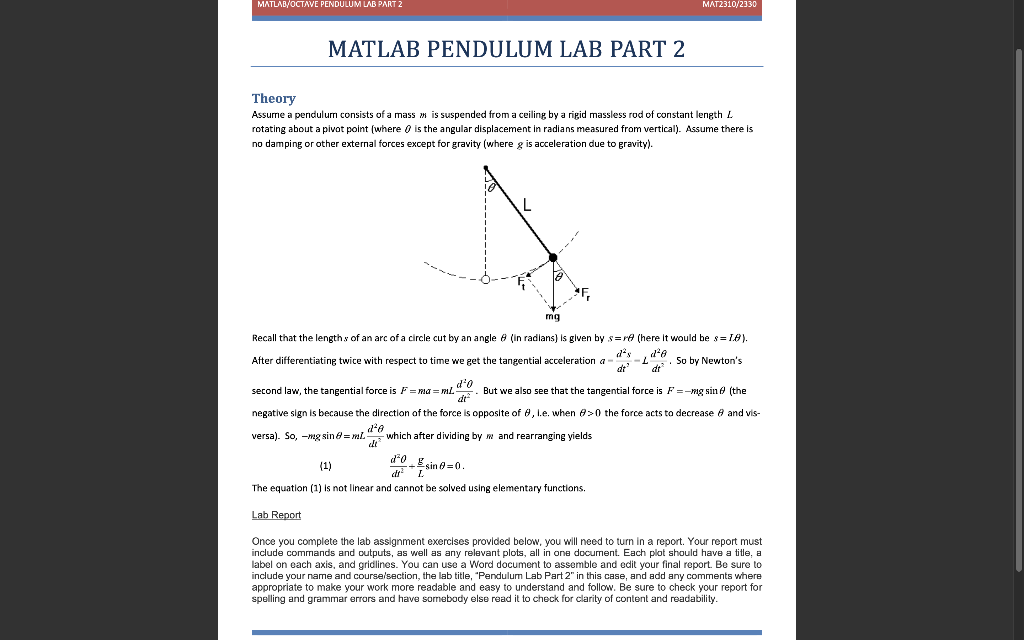 Solved MATLAB/OCTAVE PENDULUM LAB PART 2 MAT2310/2330 MATLAB | Chegg.com