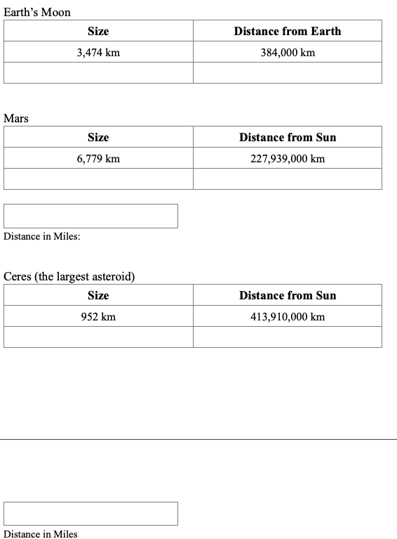 Solved Earth's Moon Size Distance from Earth 3,474 km | Chegg.com
