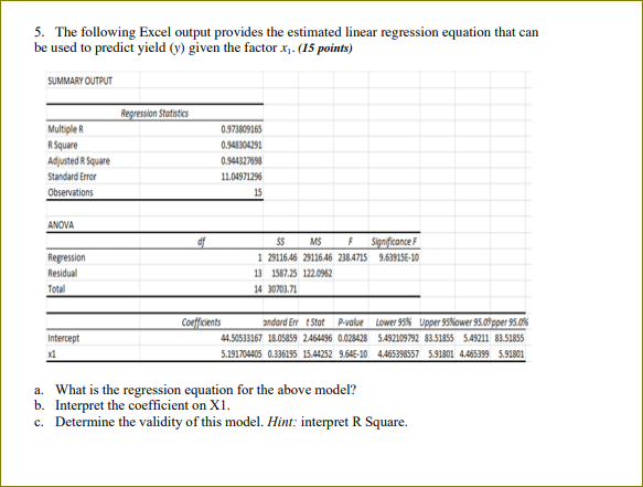 Solved 5. The following Excel output provides the estimated | Chegg.com