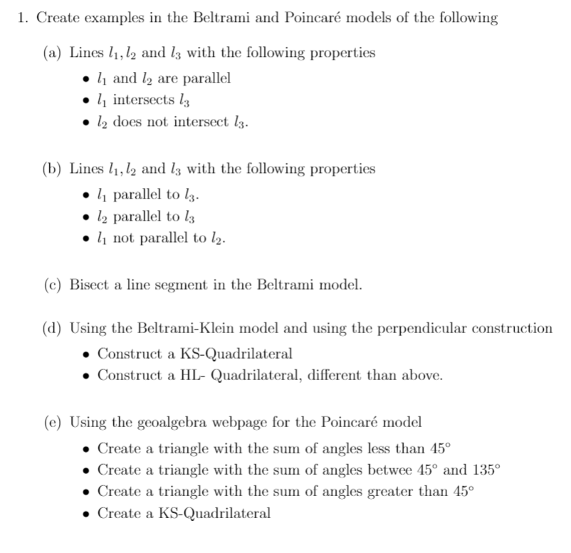 Solved 1. Create examples in the Beltrami and Poincaré | Chegg.com