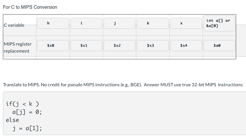 Solved For C to MIPS Conversion h i k j C variable х int a[] | Chegg.com