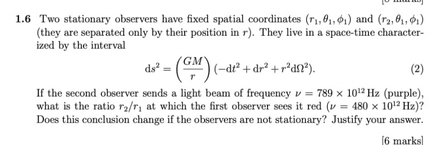 Solved 1.6 Two stationary observers have fixed spatial | Chegg.com